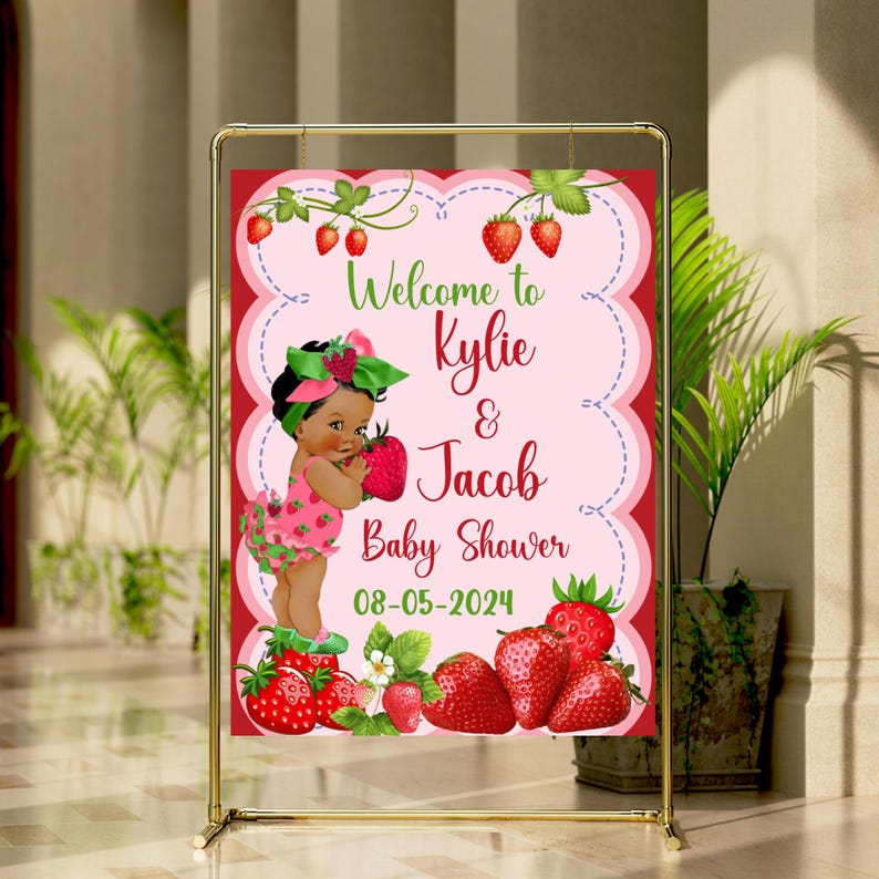 Strawberry Baby Shower Welcome Board, Afro Strawberry Baby Shower ...