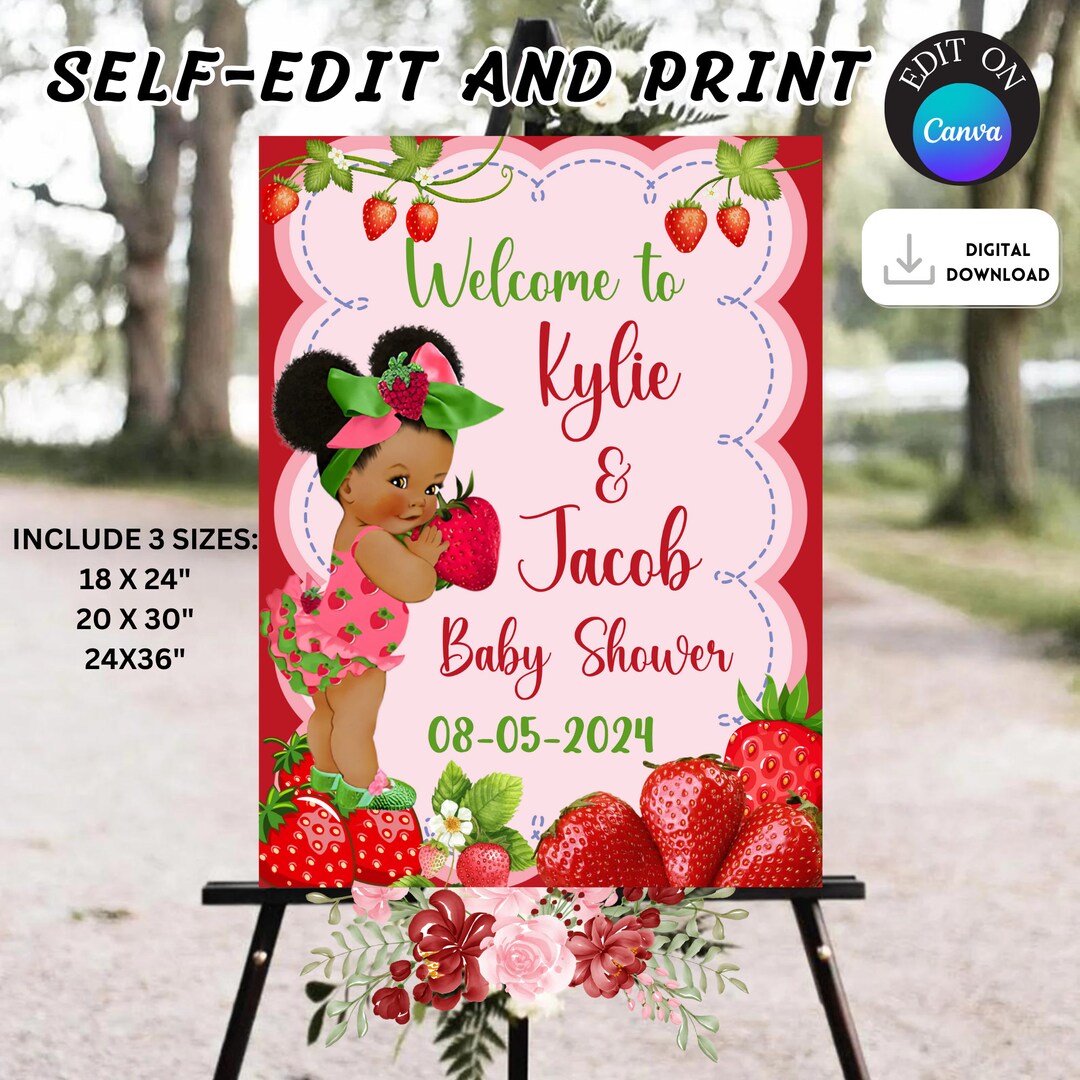 Strawberry Baby Shower Welcome Board, Afro Strawberry Baby Shower ...