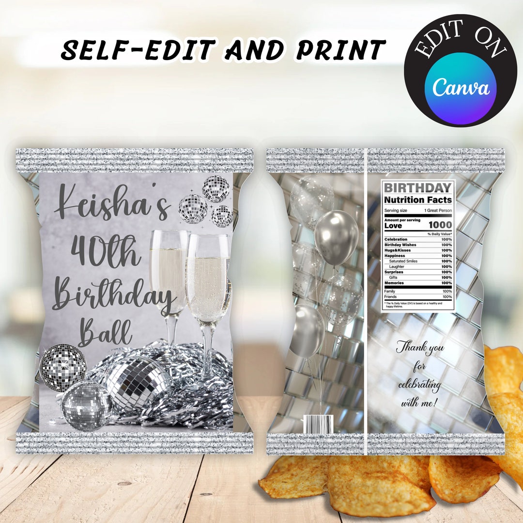 Disco Ball Chip Bag, Silver Disco Ball Chip Bag, Editable Silver Chip ...