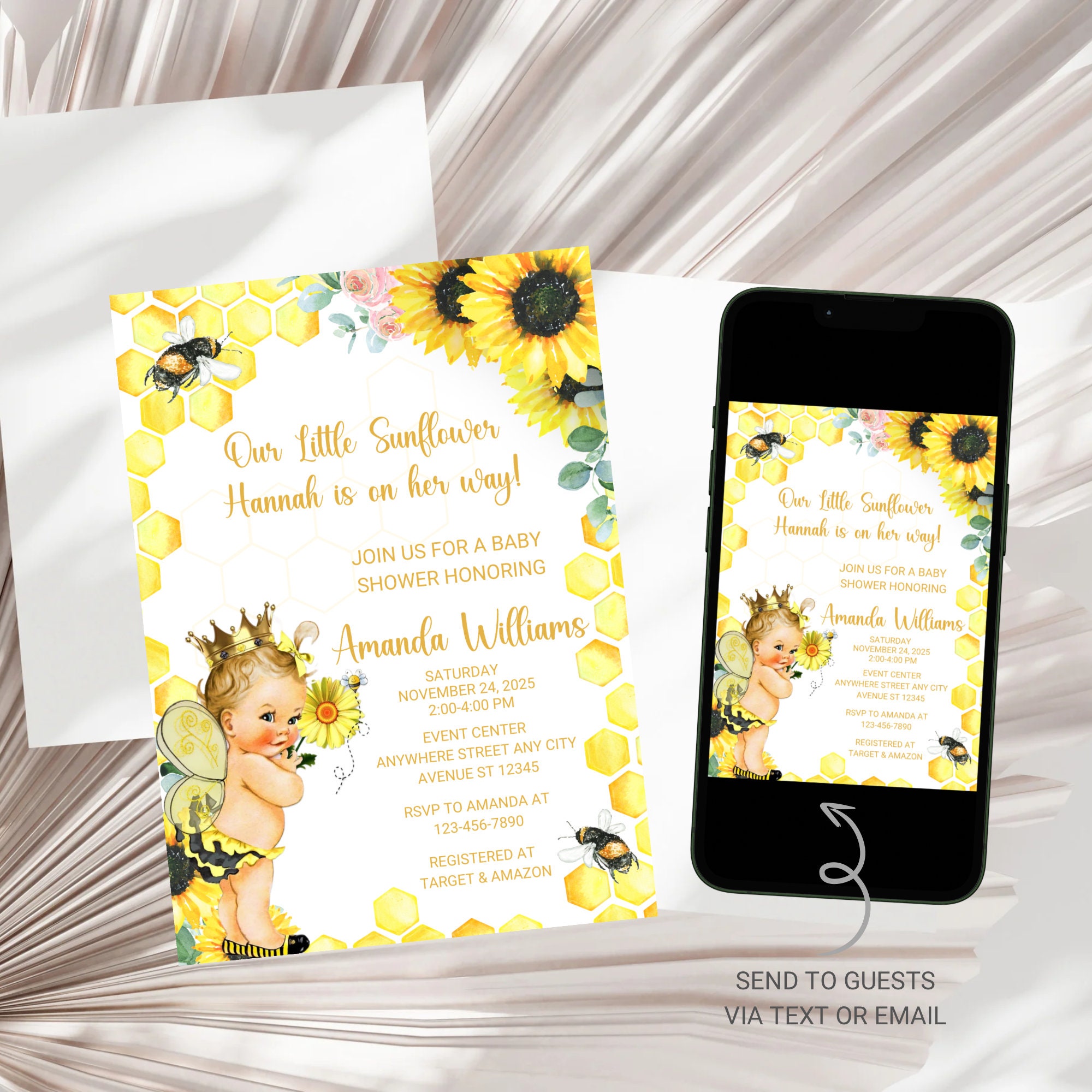 Sunflower Baby Shower Invitation, Sunflower Bee Baby Shower Invitation ...