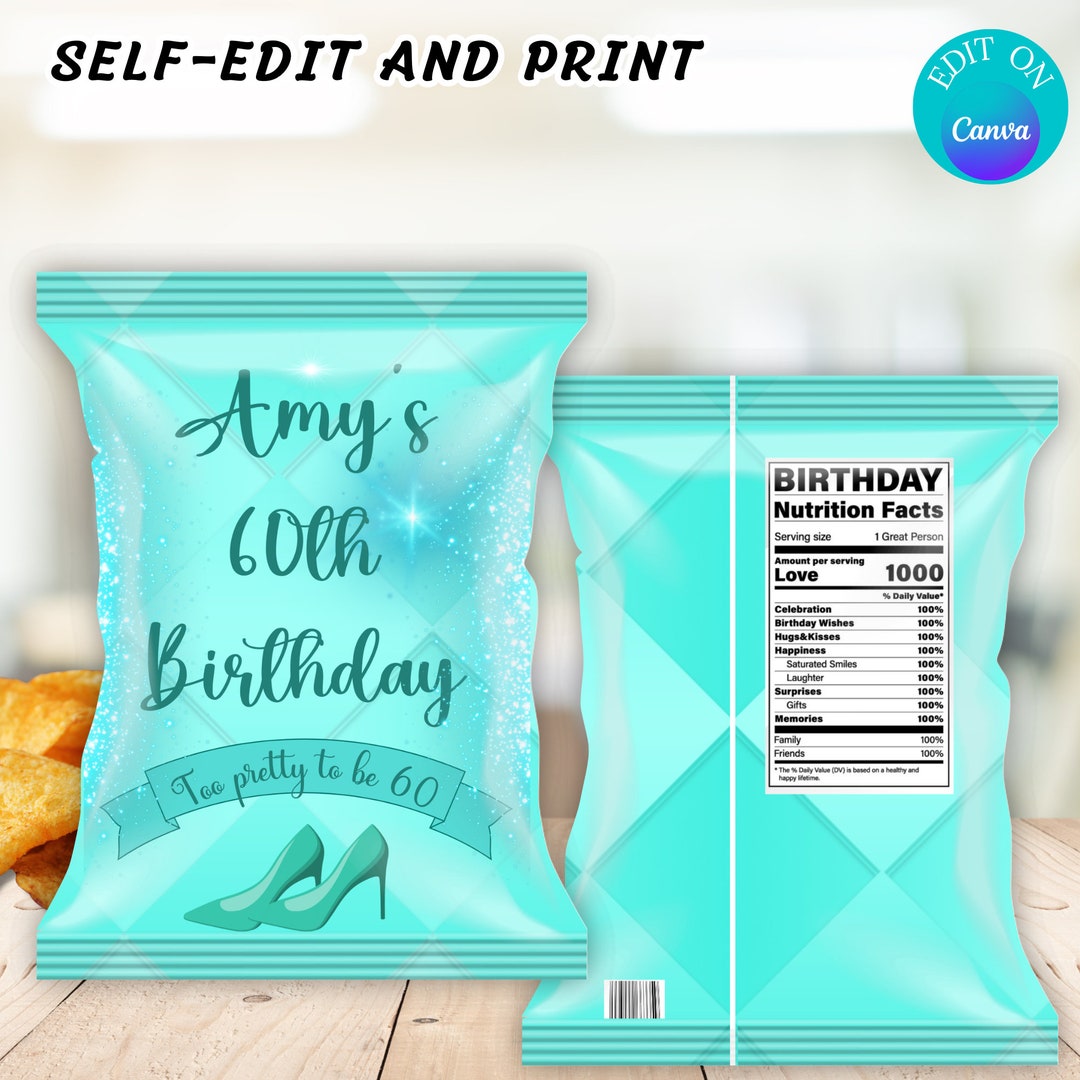 Teal Chip Bag, Editable Teal Chip Bag, Adult Teal Birthday Chip Bag ...