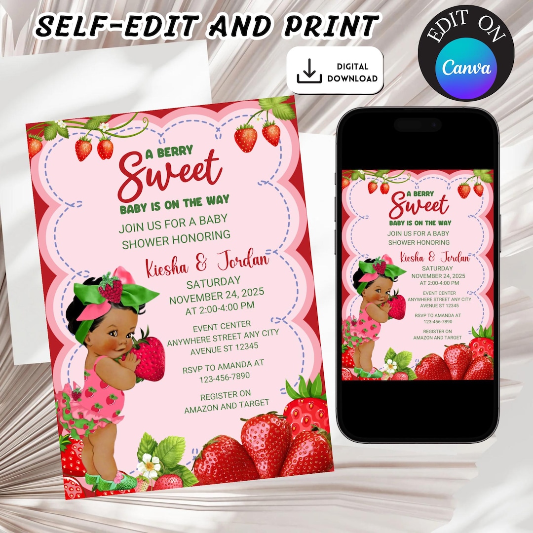 Afro Strawberry Baby Shower Invitation, African American Strawberry ...
