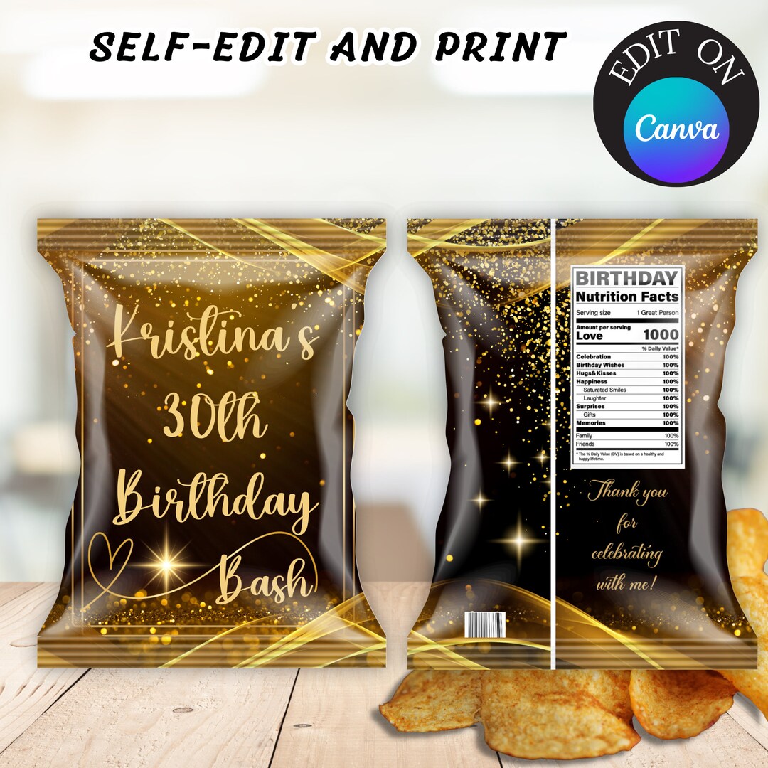 Elegant Black and Gold Chip Bag, EDITABLE Black and Gold Chip Wrap ...