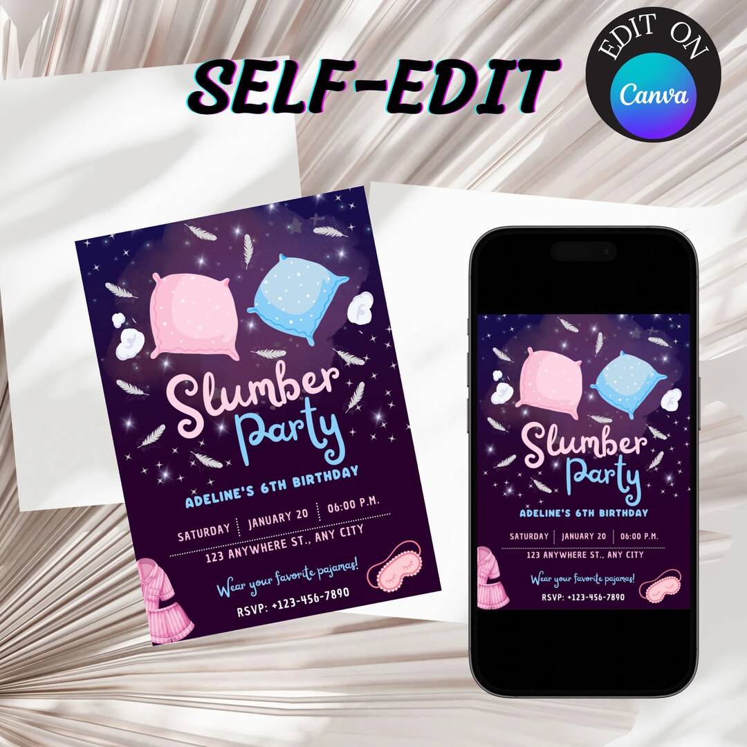 Editable Slumber Birthday Party Invitation, Slumber Birthday Party ...