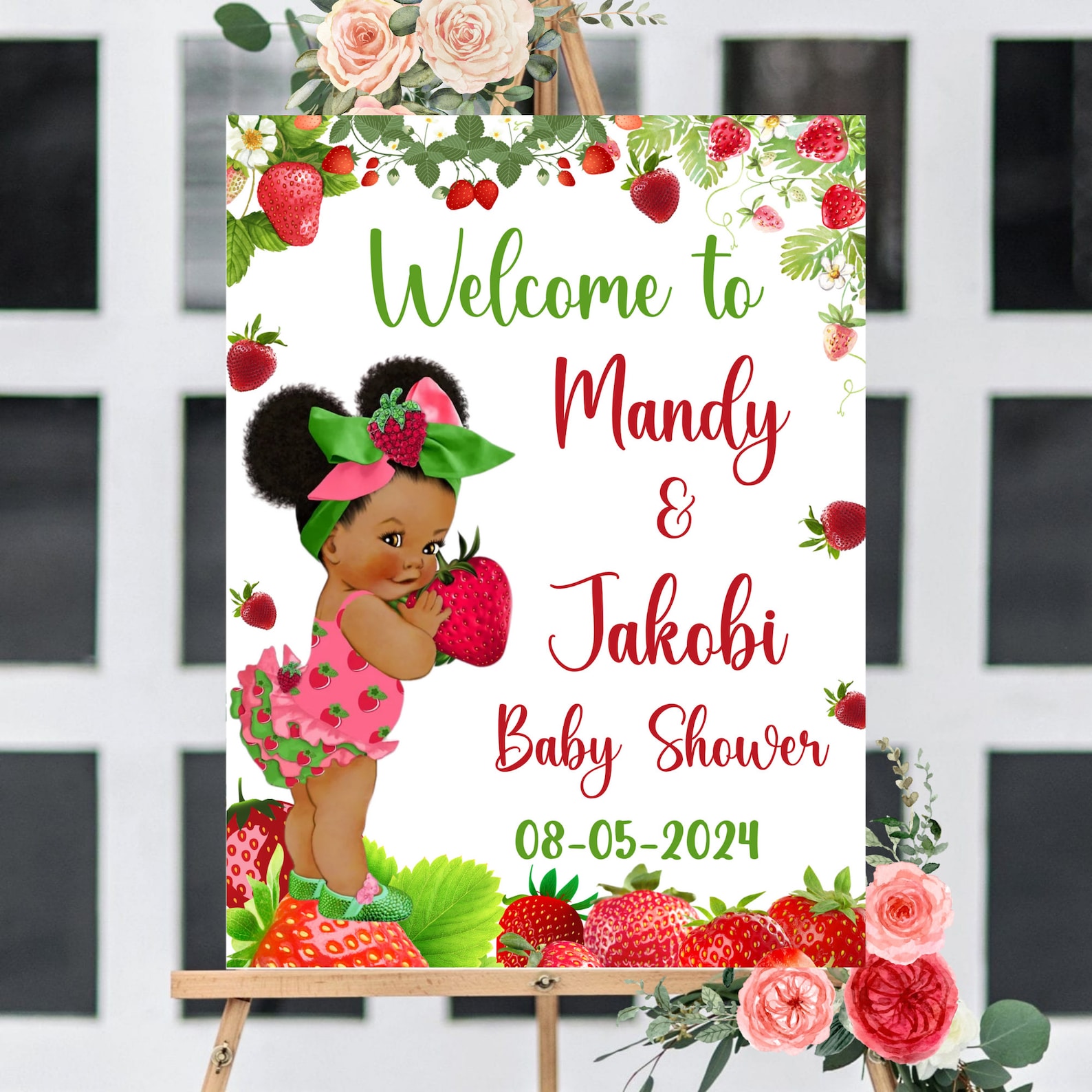 Strawberry Baby Shower Welcome Board, Afro Strawberry Baby Shower ...