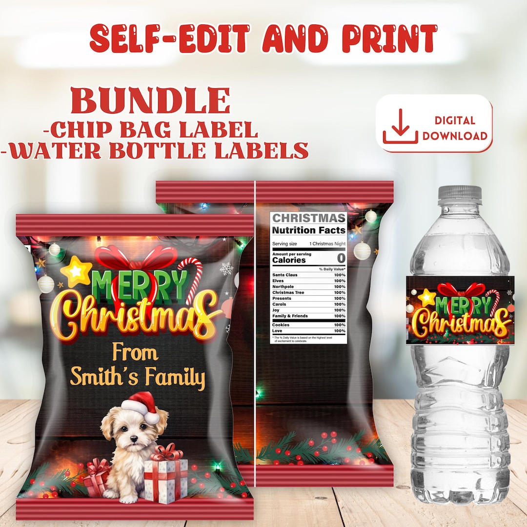 Editable Puppy Christmas Chip Bag, Christmas Puppy Chip Wrap, Christmas ...