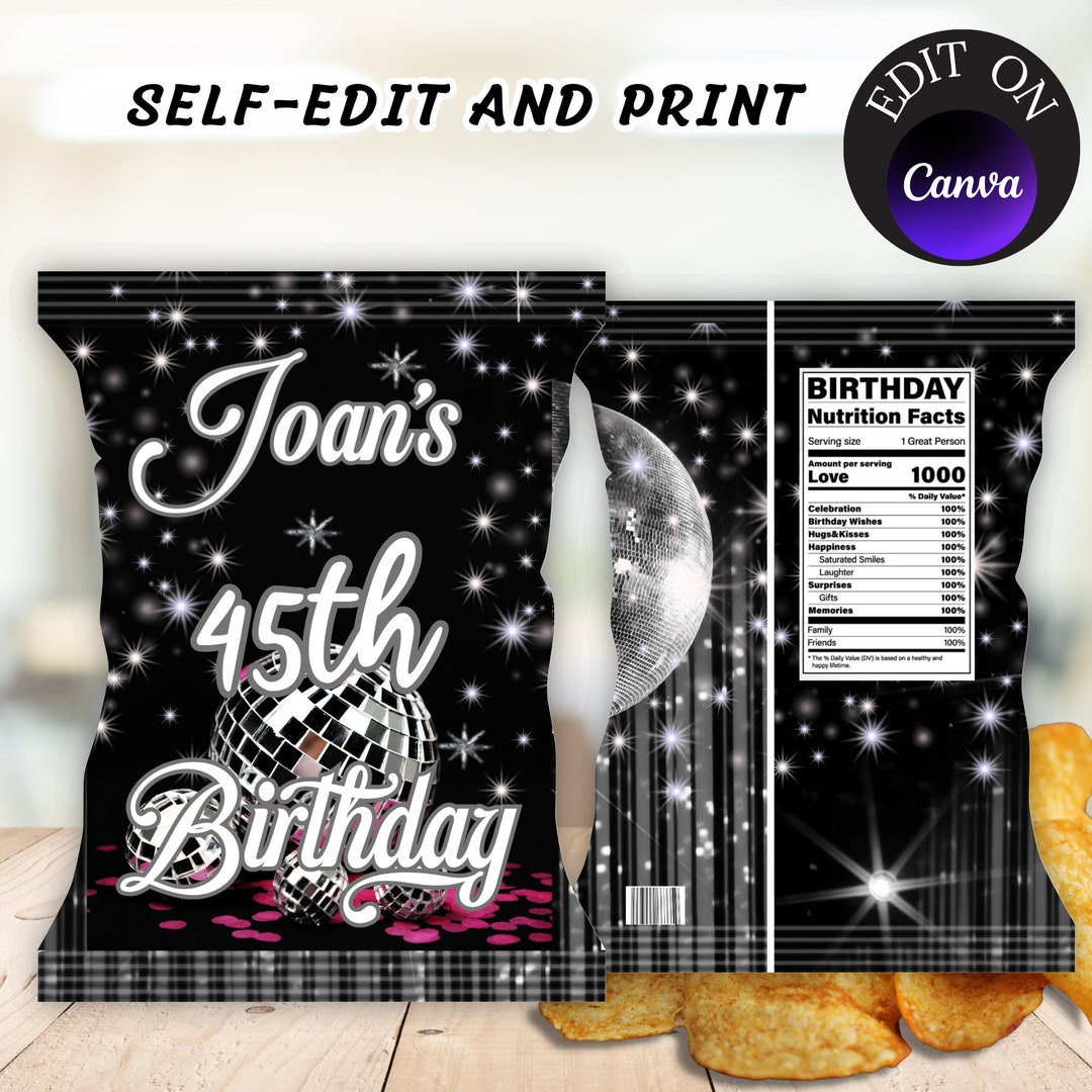 Black Disco Ball Chip Wrap, Editable Disco Ball Chip Bag, Black and ...