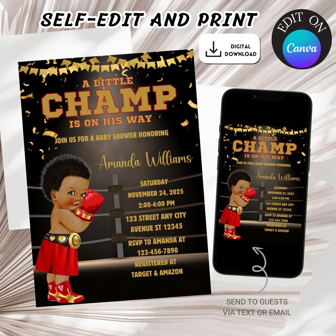 Afro Gold Boxing Baby Shower Invitation, Black and Gold Afro Little ...