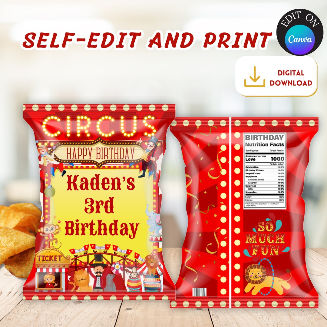 Circus Chip Bag, Circus Kids Birthday Party, Circus Digital Chip Bag, Circus Party Favor for ...