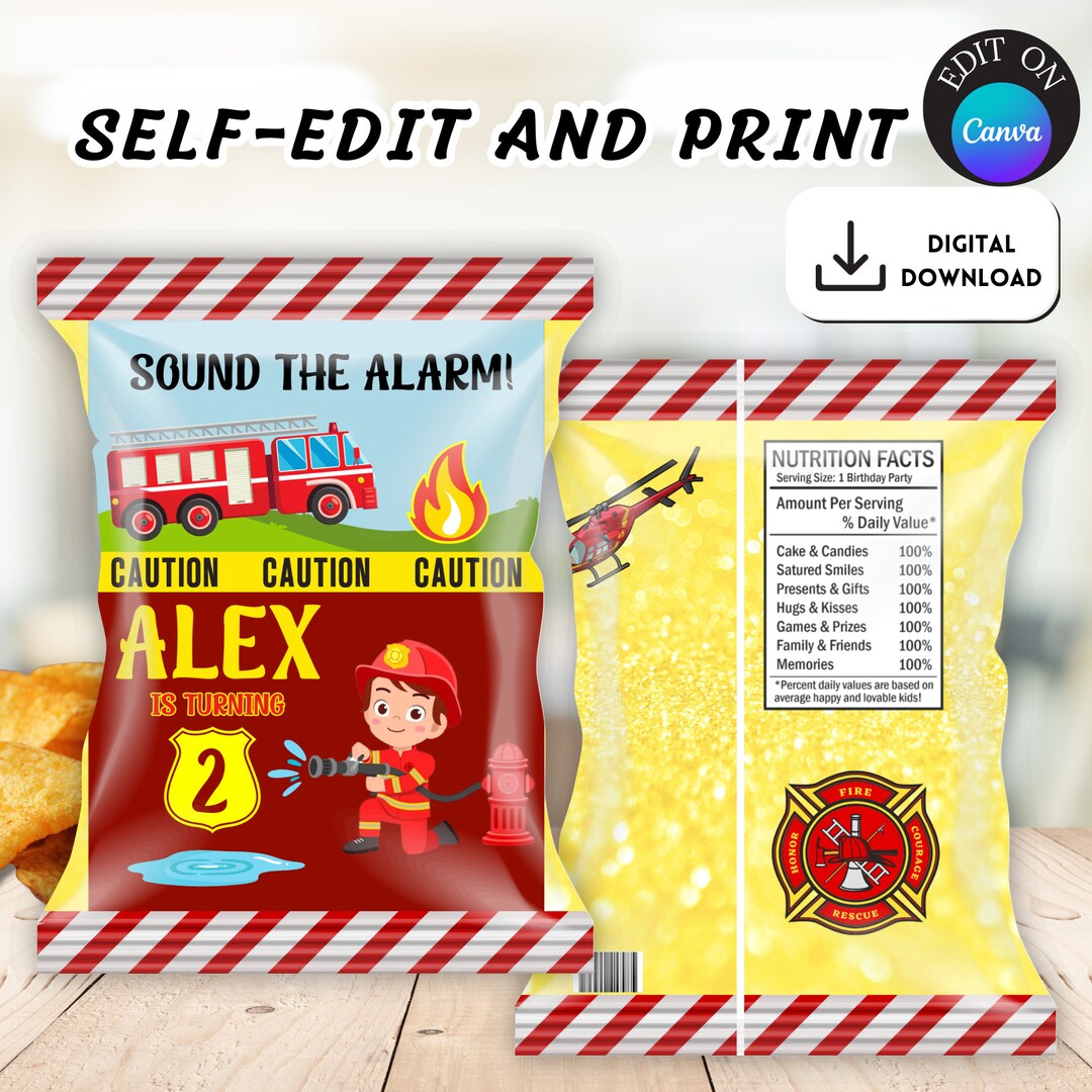 Firetruck Birthday Chip Bag, Fire Truck Party Favor, Firefighter ...