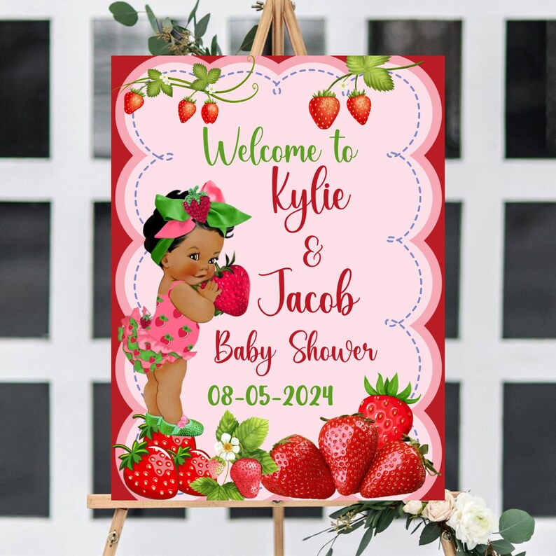 Strawberry Baby Shower Welcome Board, Afro Strawberry Baby Shower ...