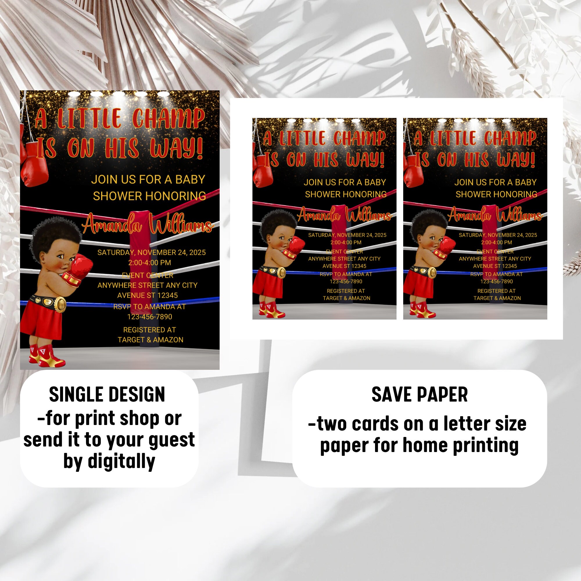 Afro Boxing Baby Shower Invitation, Red and Gold Afro Boxing Invite ...