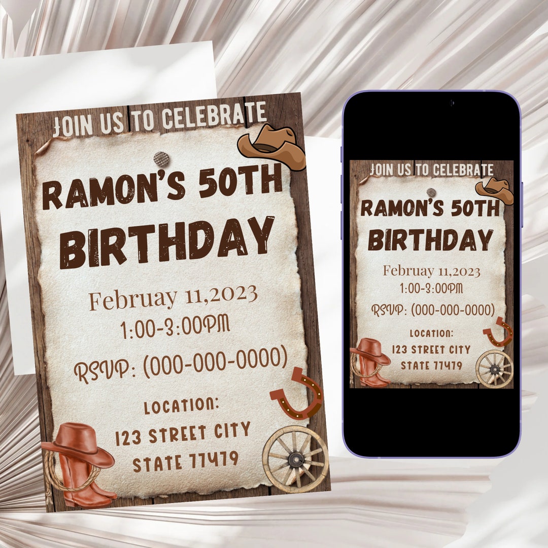 Cowboy Digital Invitation for Adult, Cowboy Theme Invitation, Editable ...