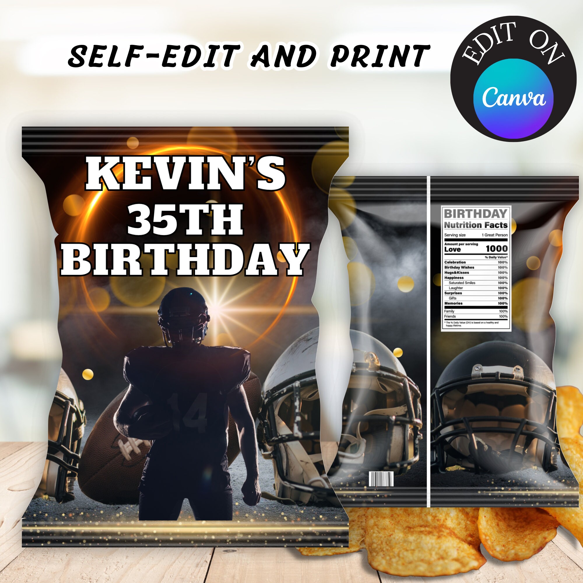 Adult Football Chip Bag, Football Birthday Chip Bag, Editable Football ...