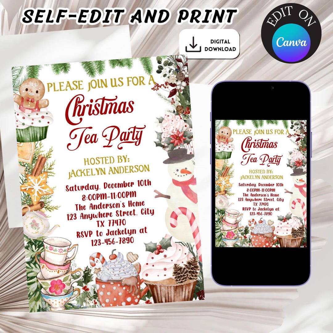 Editable Christmas Tea Party Invitation, Holiday Tea Party Invite ...