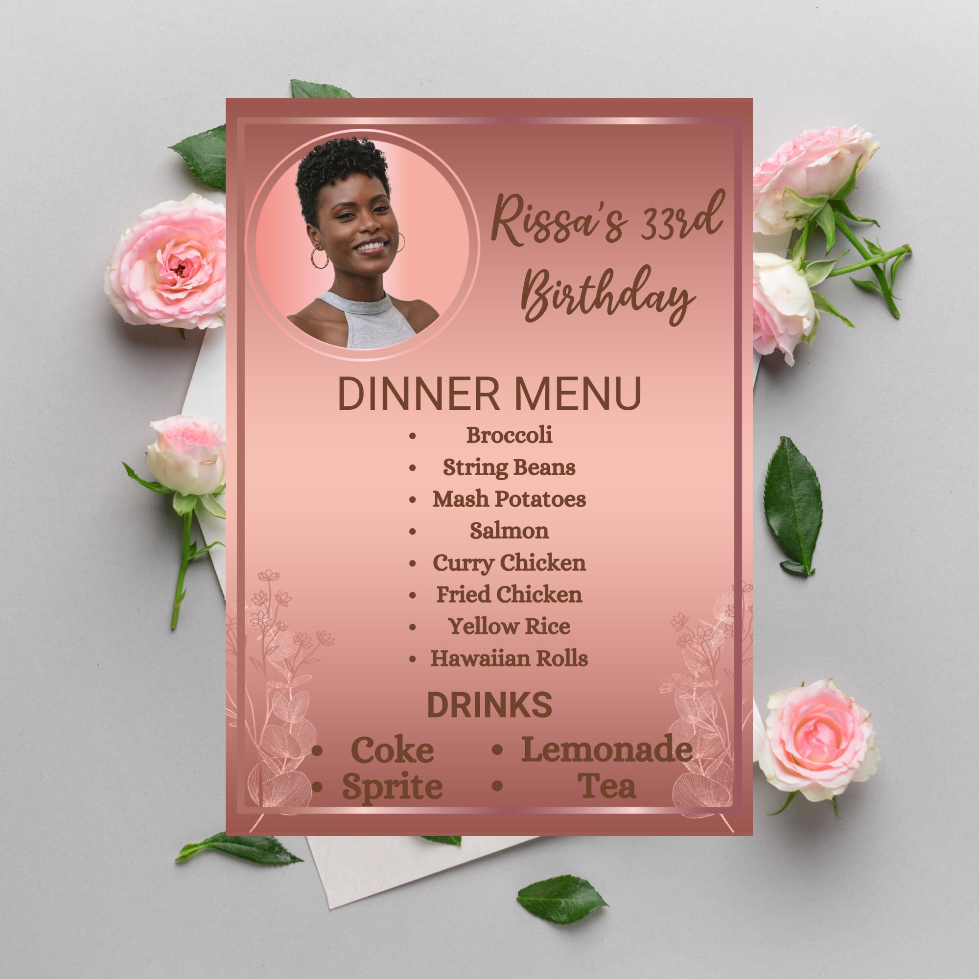 Editable Rose Gold Dinner Menu, Rose Gold Birthday Dinner Menu, Digital ...