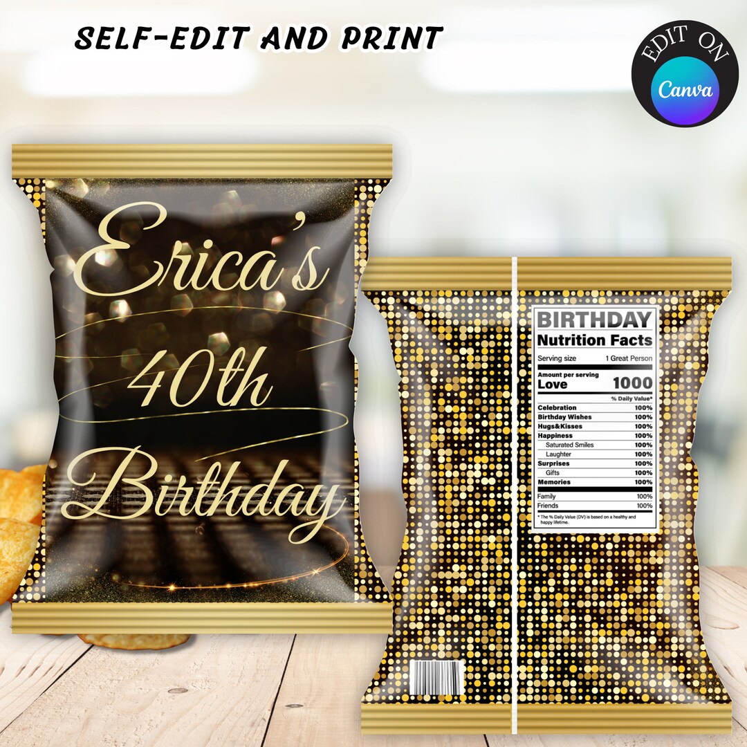EDITABLE Black and Gold Chip Wrap, Digital Black and Gold Chip Bag ...
