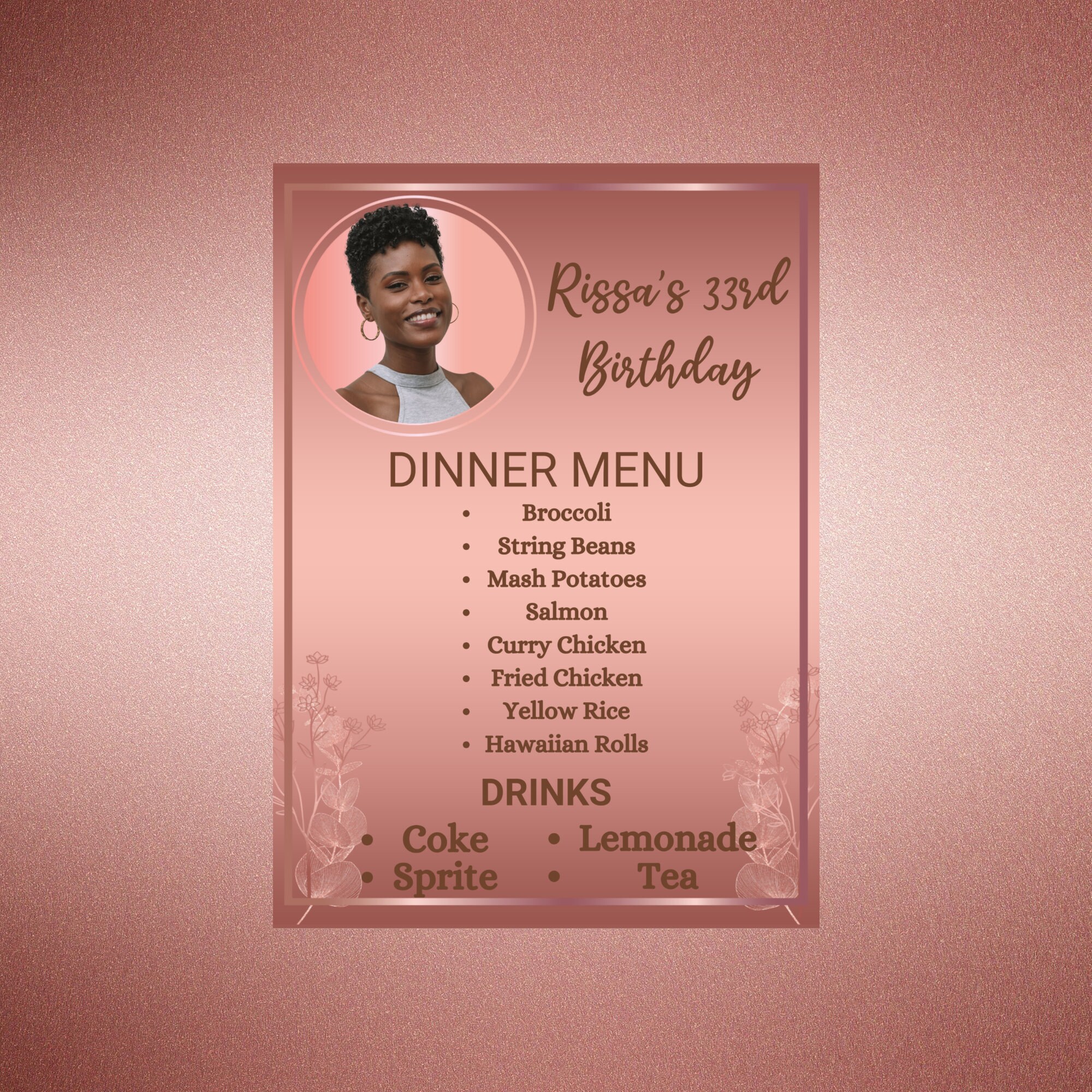 Editable Rose Gold Dinner Menu, Rose Gold Birthday Dinner Menu, Digital ...