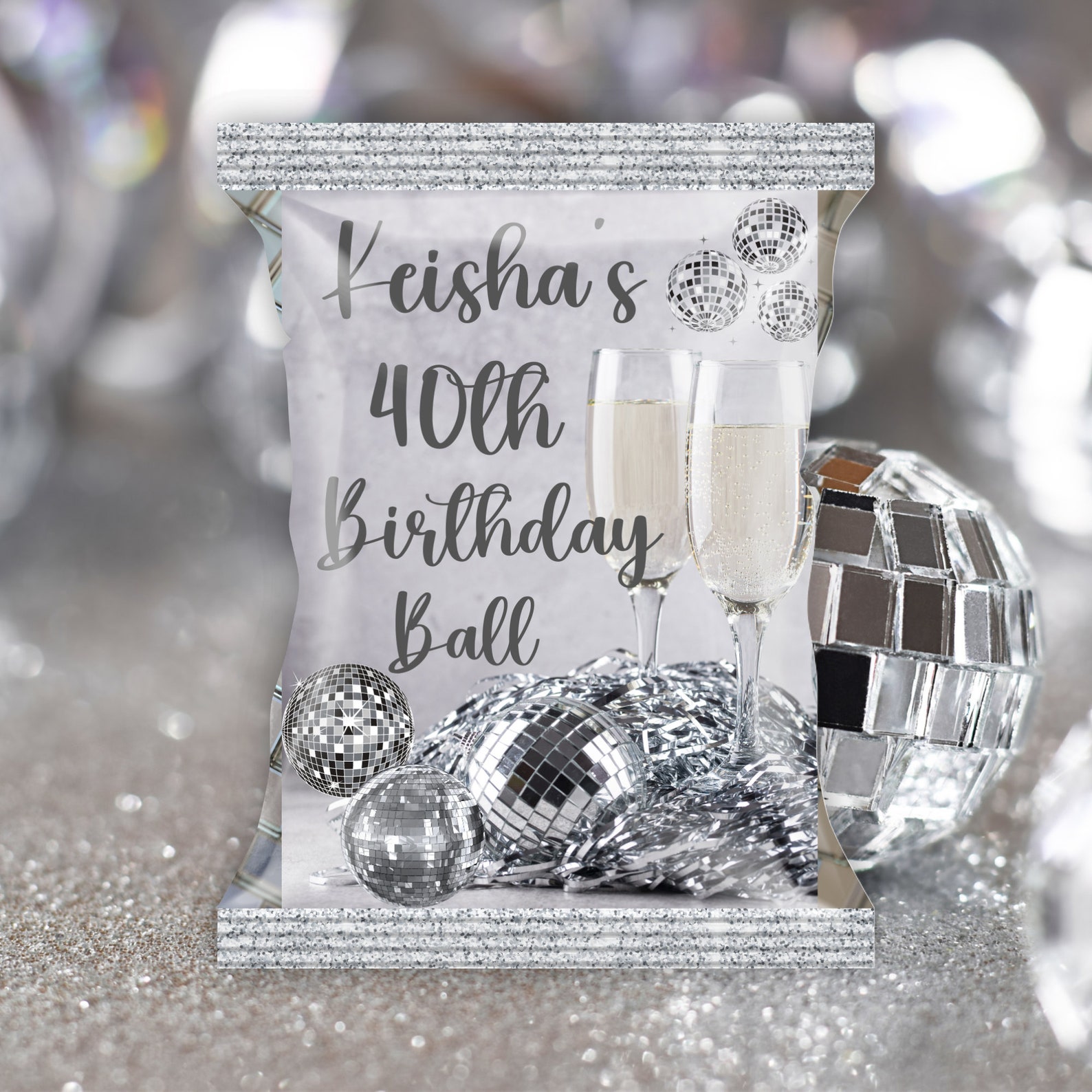 Disco Ball Chip Bag, Silver Disco Ball Chip Bag, Editable Silver Chip ...