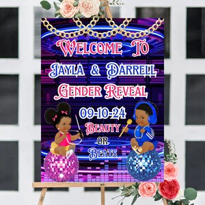 Beauty or Beats Gender Reveal Welcome Sign, Digital Afro Beauty or ...