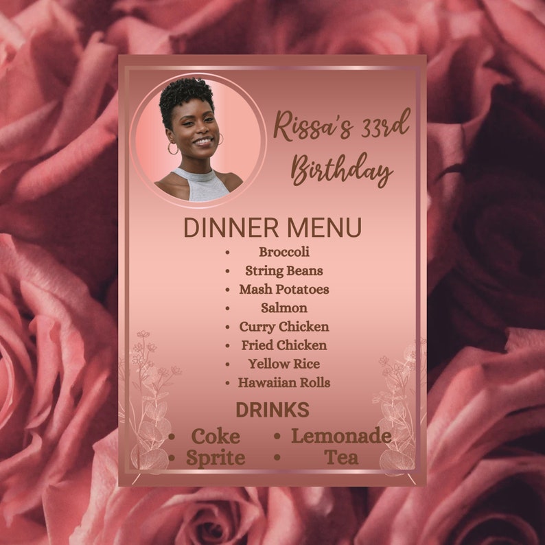 Editable Rose Gold Dinner Menu, Rose Gold Birthday Dinner Menu, Digital ...