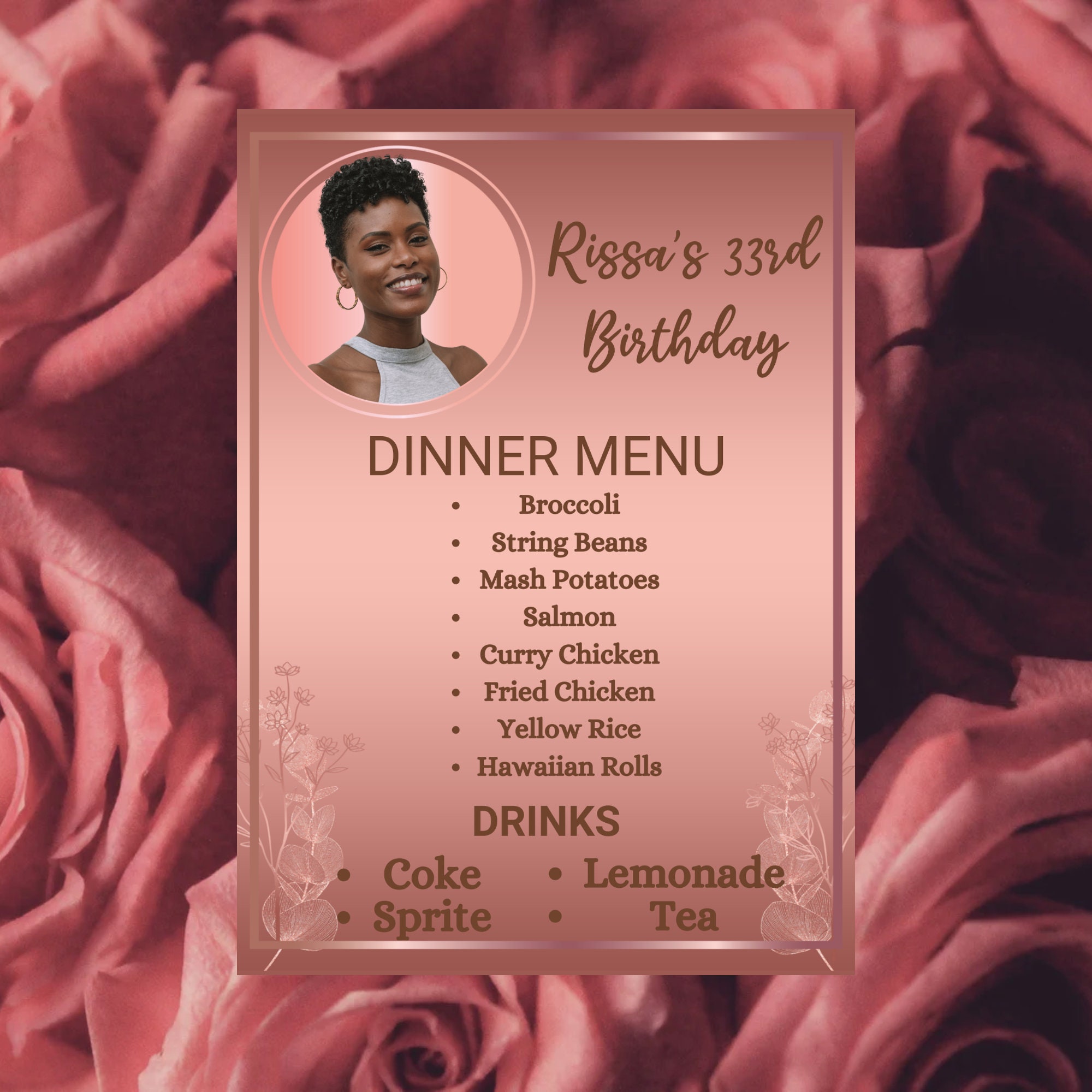Editable Rose Gold Dinner Menu, Rose Gold Birthday Dinner Menu, Digital ...