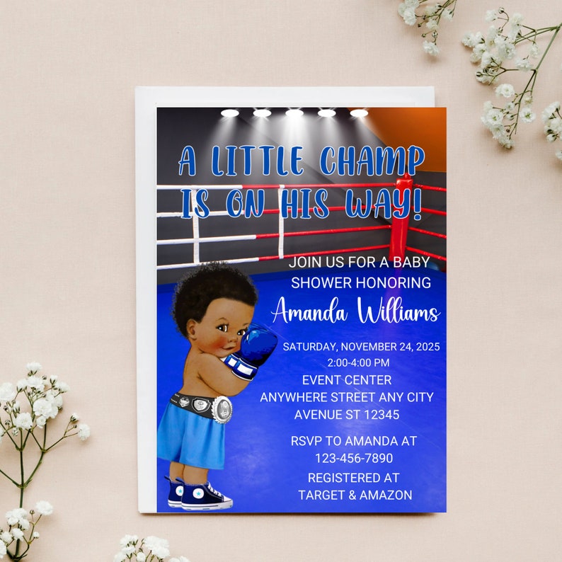 Afro Boxing Baby Shower Invitation, Blue and White Afro Boxing Invite ...