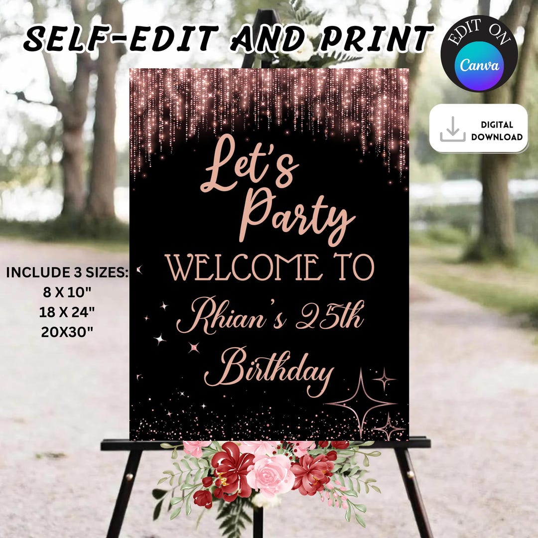 Editable Rose Gold Welcome Sign, Rose Gold Let’s Party Welcome Sign ...