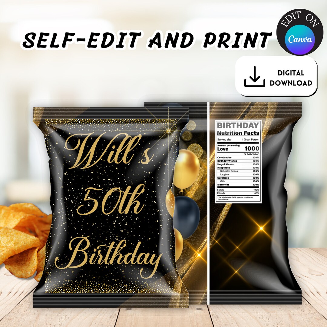 Black and Gold Chip Wrap, EDITABLE Black Andgold Adult Chip Bag, 50th ...