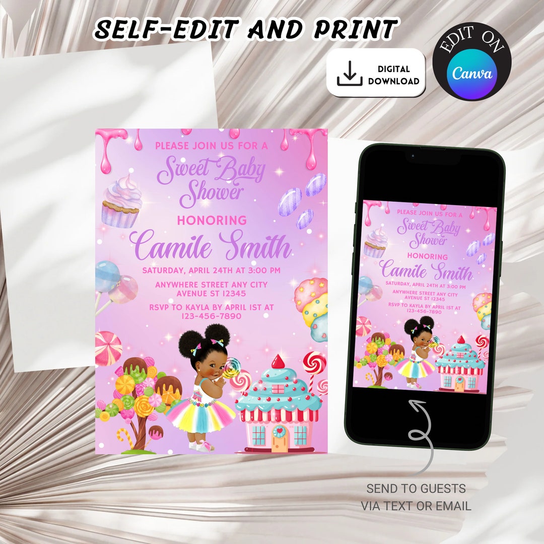 Candyland Invitation, Afro Candyland Baby Shower Invitation, Purple ...