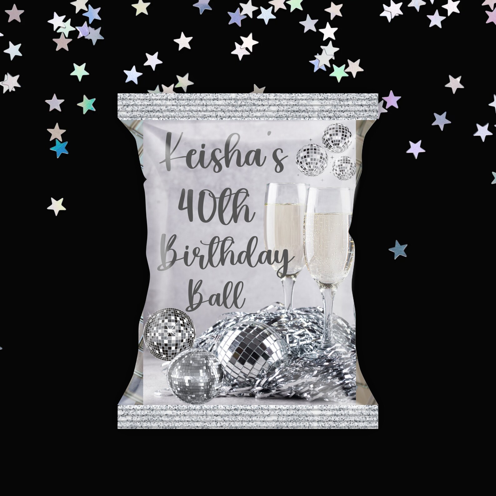 Disco Ball Chip Bag, Silver Disco Ball Chip Bag, Editable Silver Chip ...