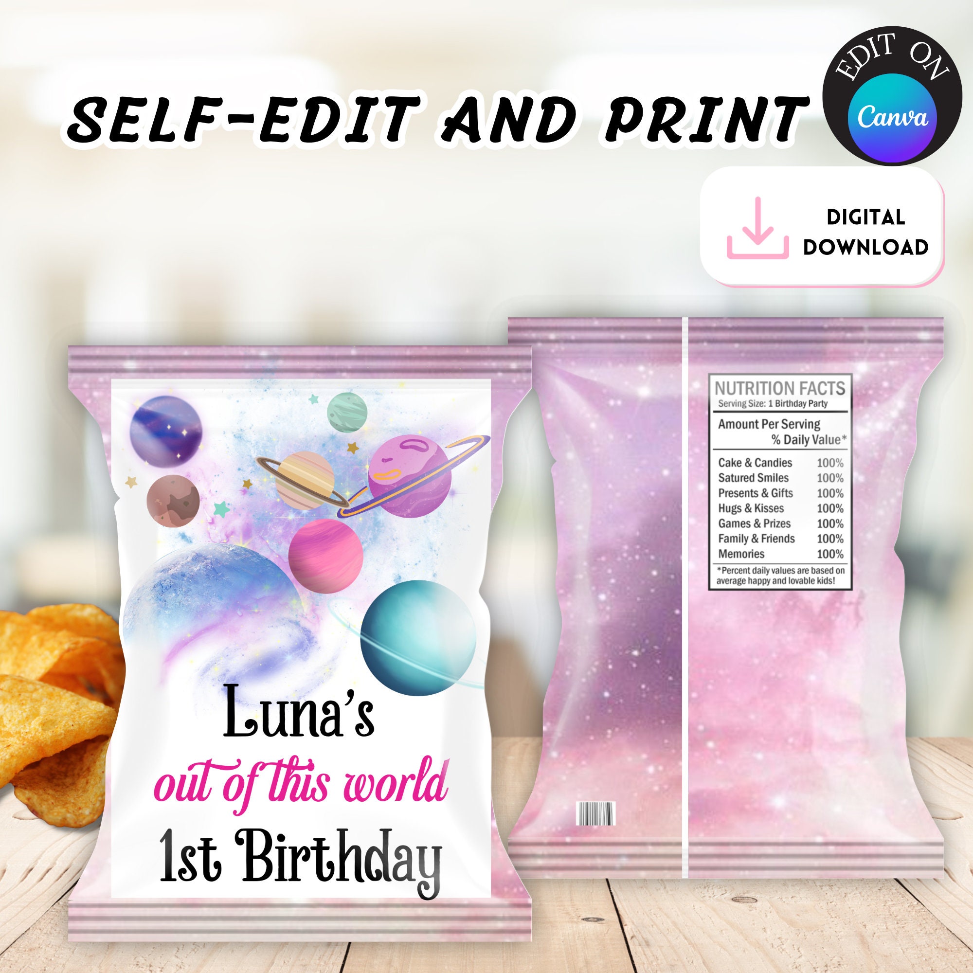 Outer Space for Girl Chip Bag, Pink Outer Space Chip Bag, Girl Galaxy ...