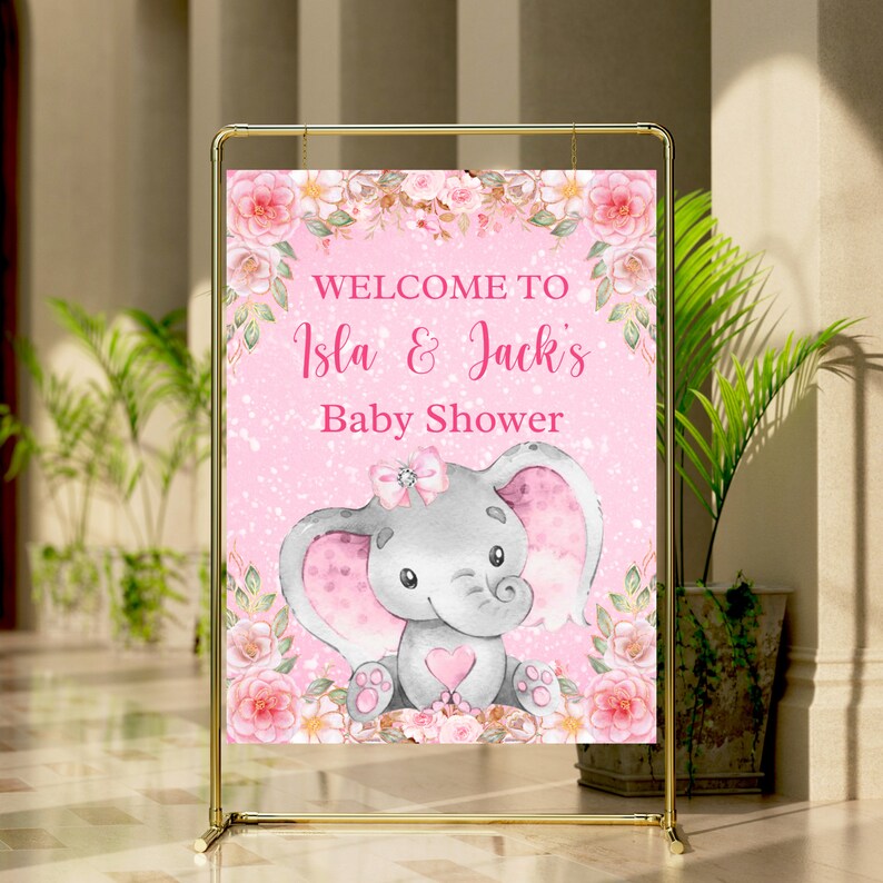 Editable Elephant Baby Shower Welcome Sign, Girl Baby Shower Welcome ...