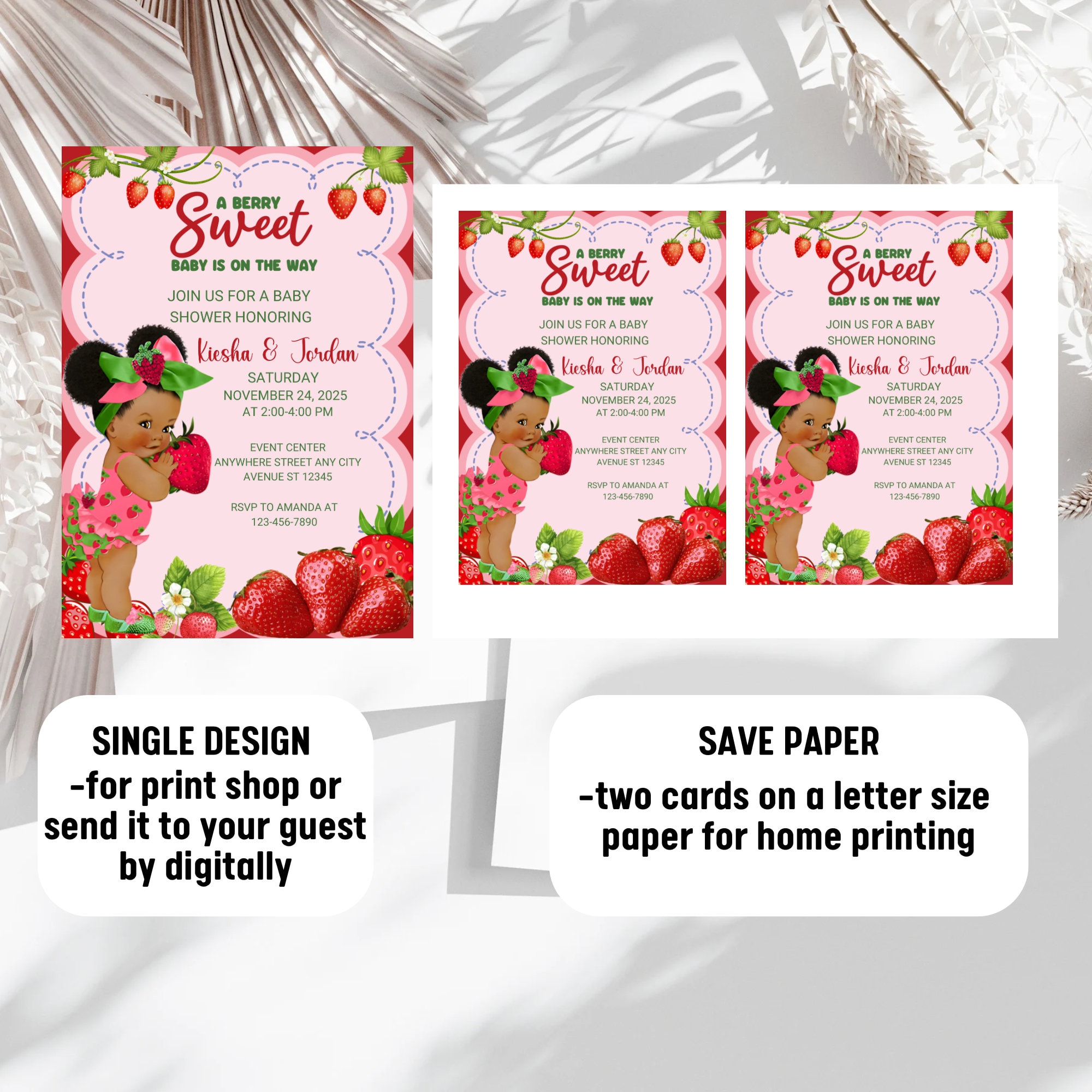 Afro Strawberry Baby Shower Invitation, African American Strawberry ...