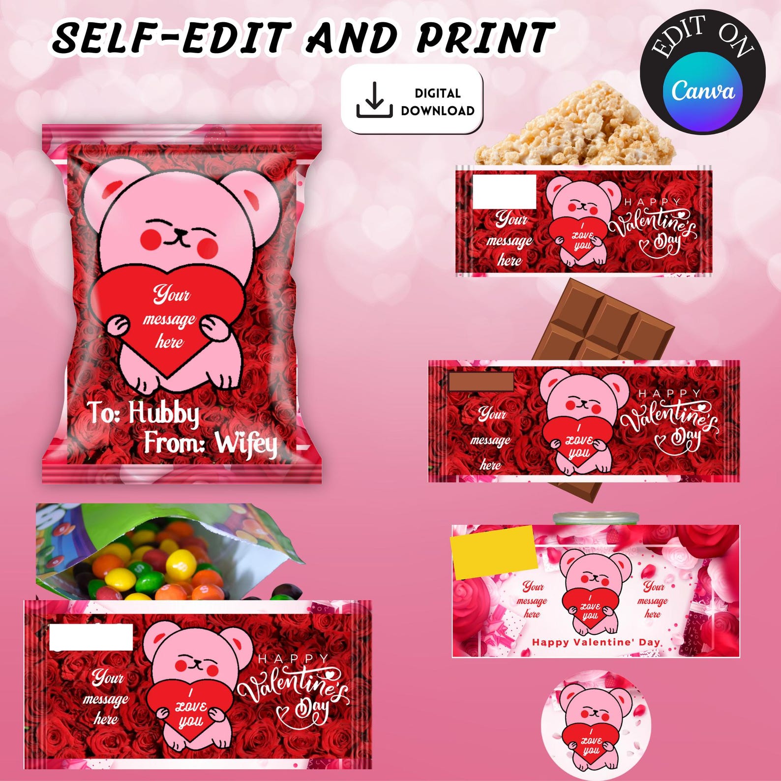 Editable Valentines Day Template Gift Box, Digital Valentines Gift Set ...