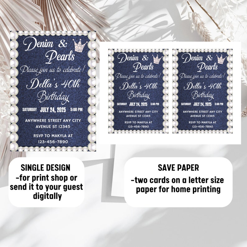 Denim and Pearls Invitation, Denim and Pearls Invite Template, Denim ...