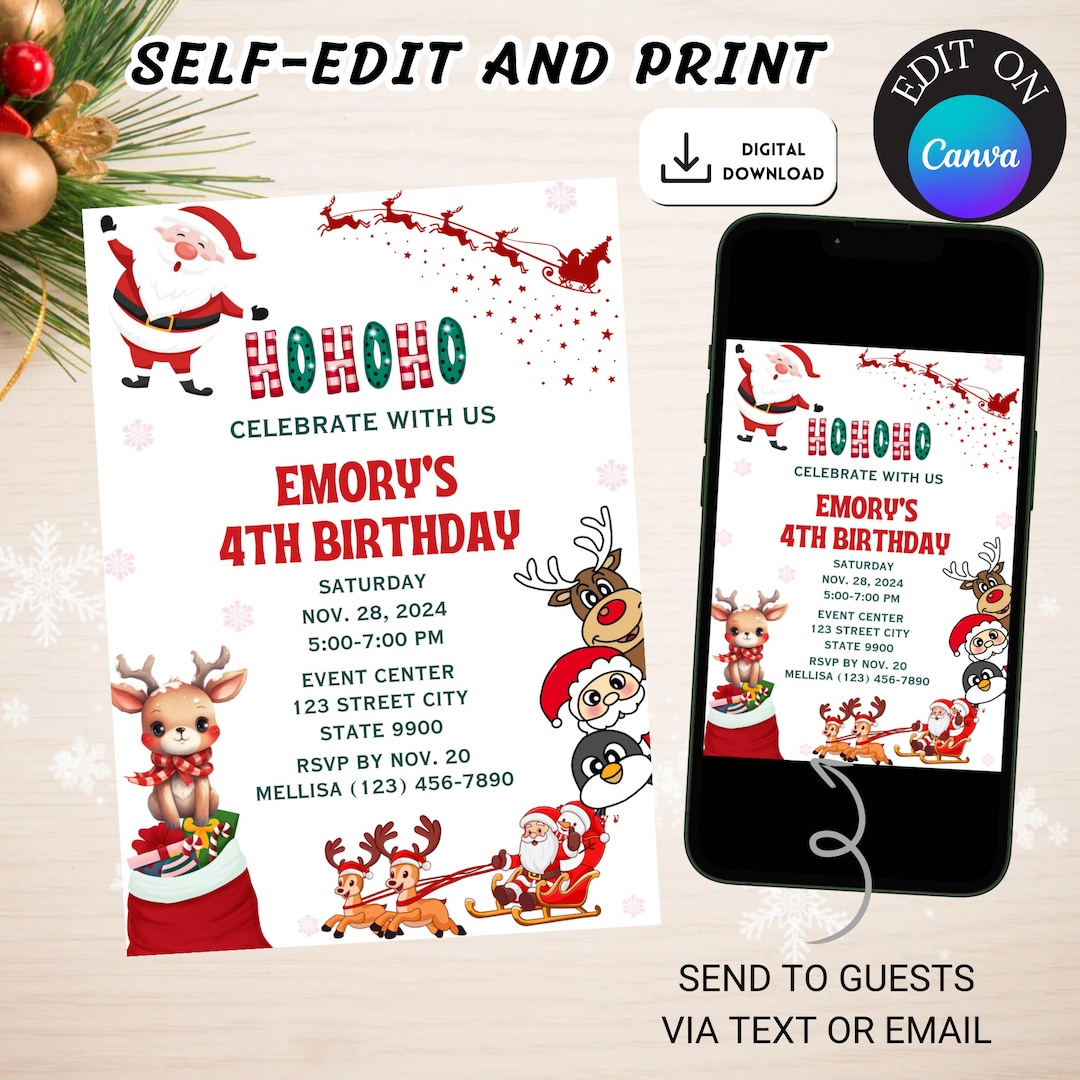 Reindeer and Santa Birthday Invitation, Girl Reindeer Christmas ...