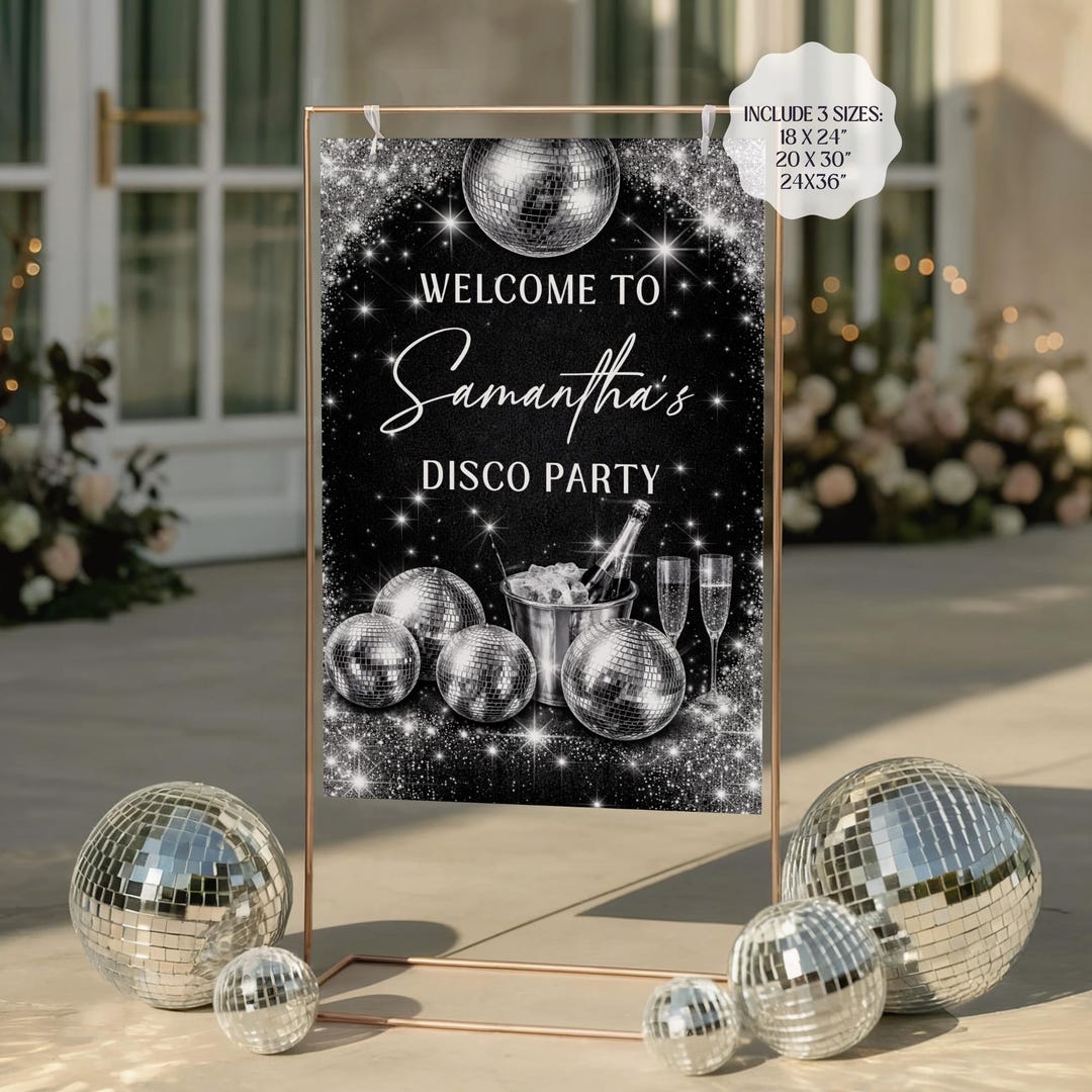 Disco Ball Black & Silver Welcome Sign Template Digital Download - Etsy