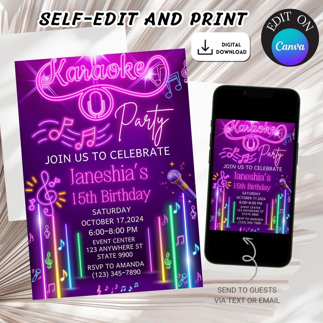 Editable Karaoke Birthday Invitation, Glow Karaoke Birthday Invitation ...