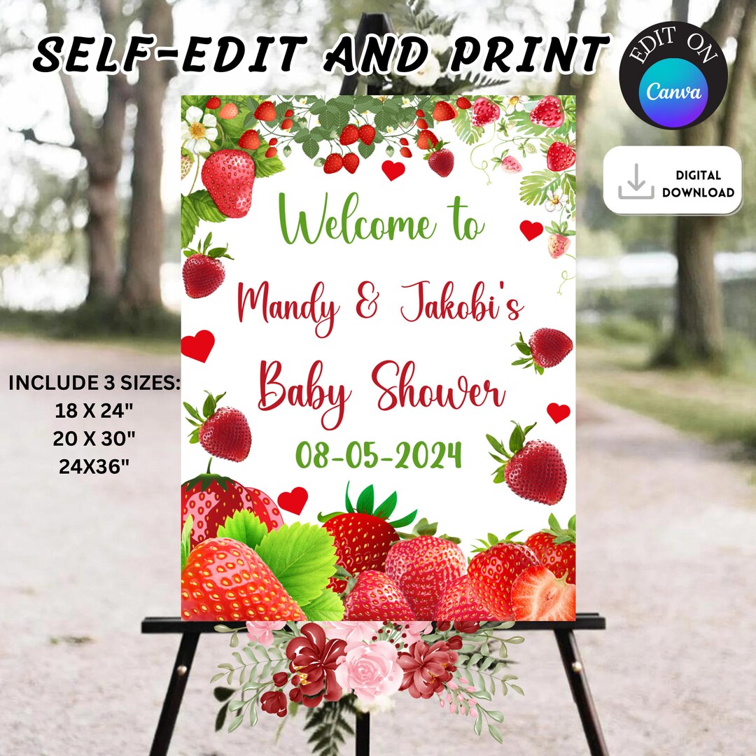 Strawberry Baby Shower Welcome Board, Digital Strawberry Baby Shower ...