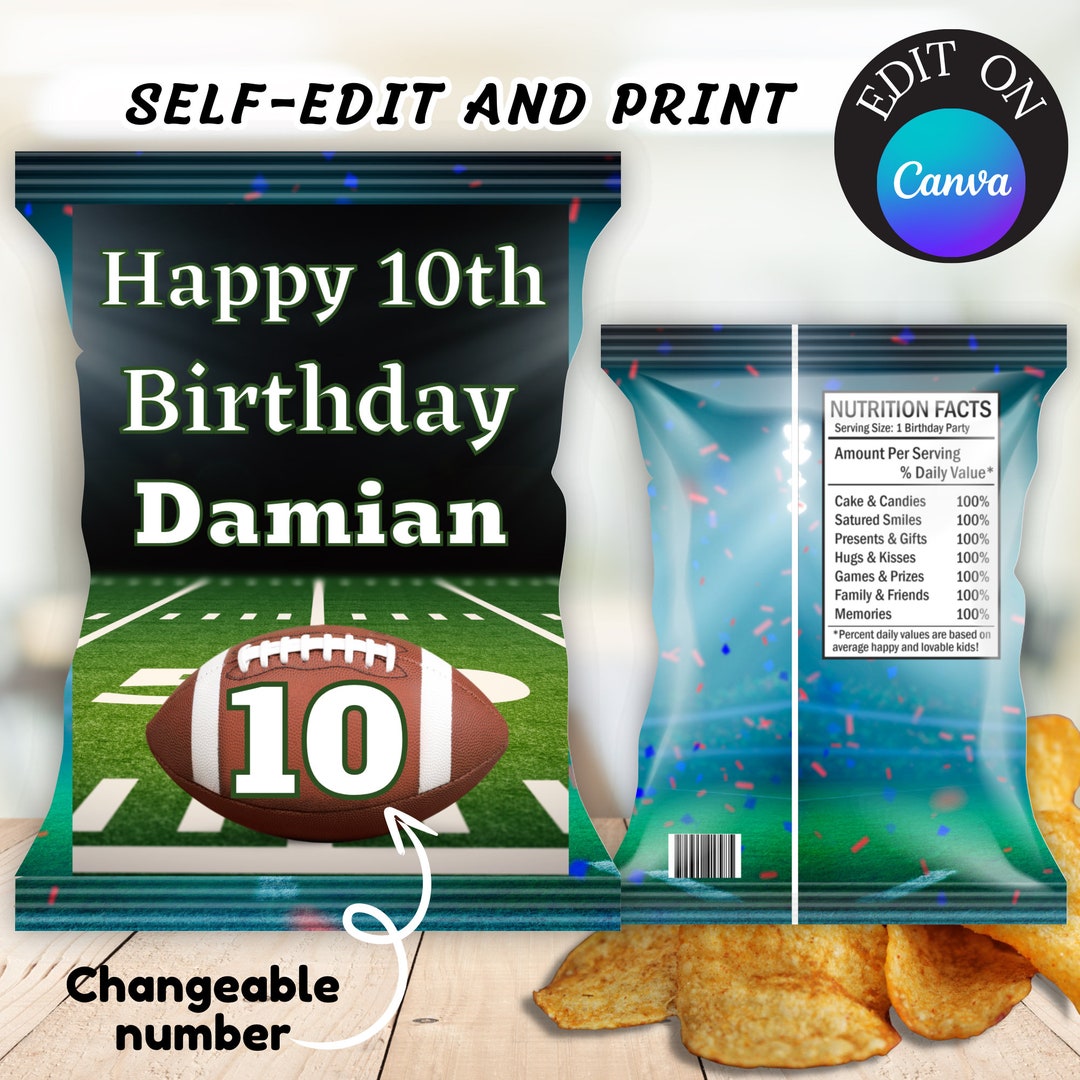 Football Birthday Chip Bag, Editable Football Chip Wrap, American ...