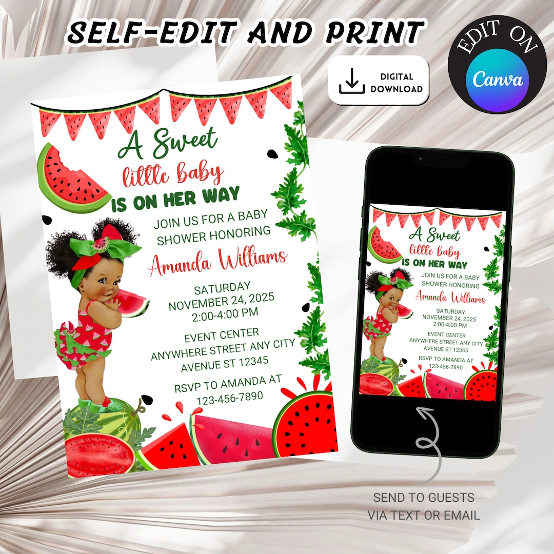 Afro Watermelon Baby Shower Invitation, African American Watermelon ...