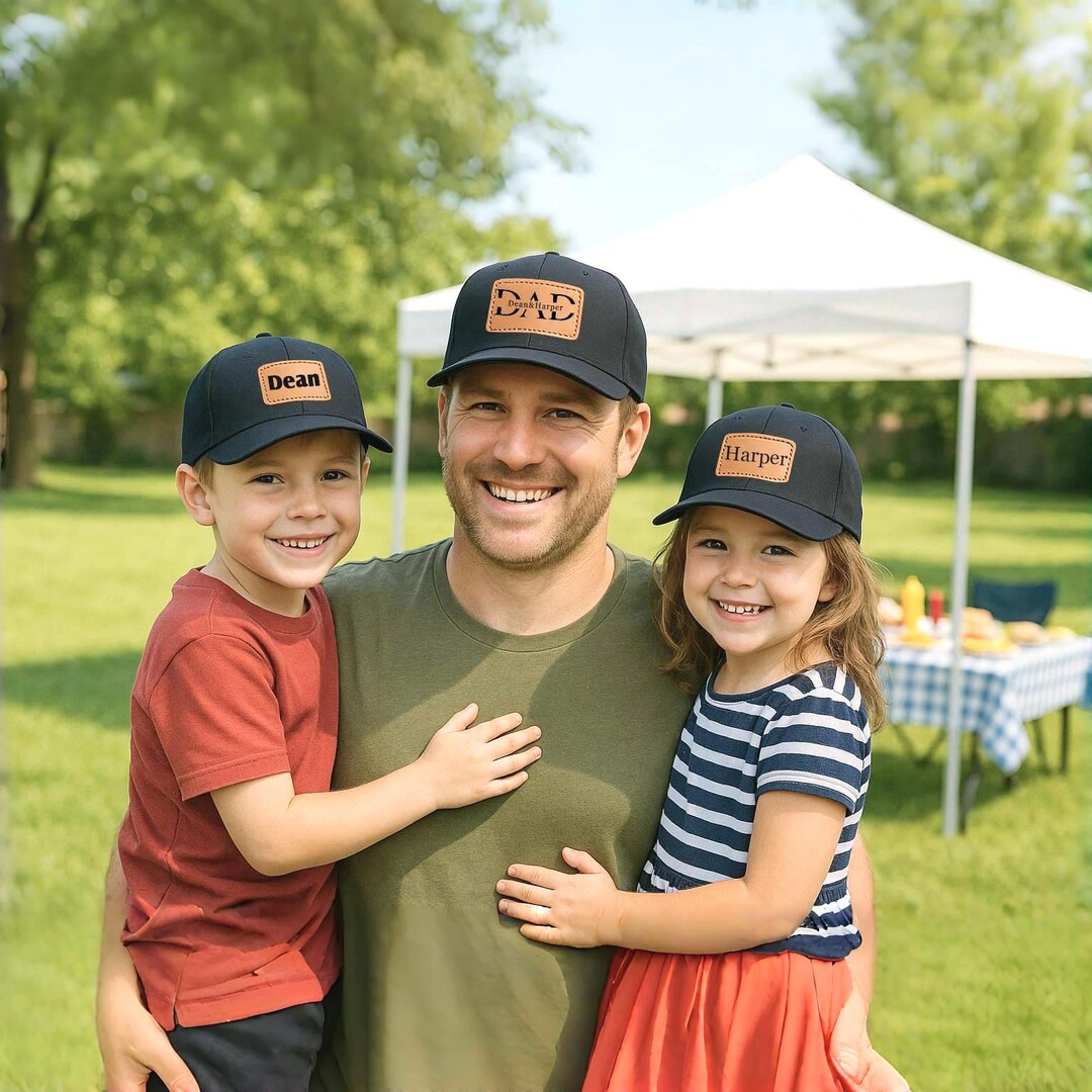 Custom Father and Kids Hat, Personalized Handwriting Leather Patch Hat ...