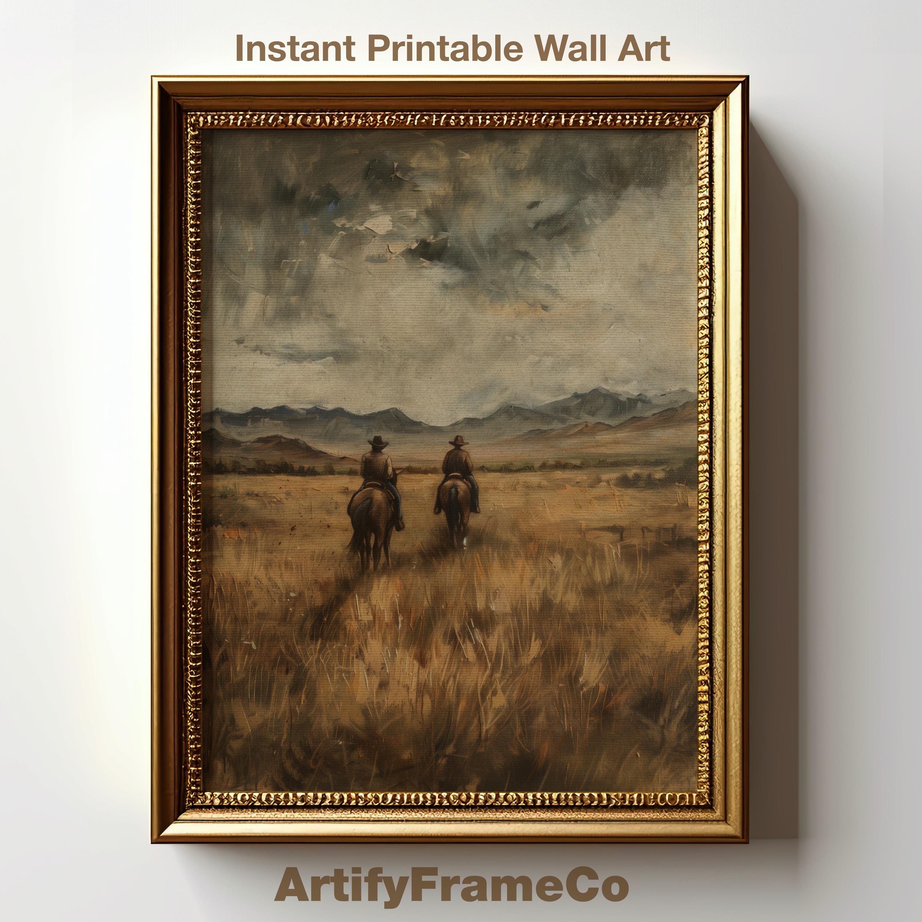 Cowboys Riding Away Print, Rustic Western Field Wall Art, Vintage ...
