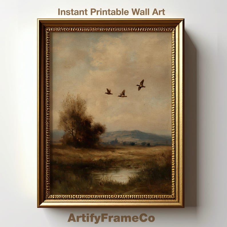 Vintage Duck Painting: Rustic Country Landscape Art, Bird Print ...