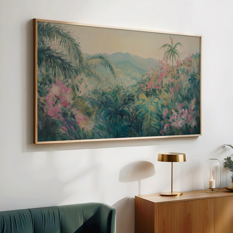 Tropical Garden Frame TV Art, Pastel Palm Mountain Landscape, Summer ...