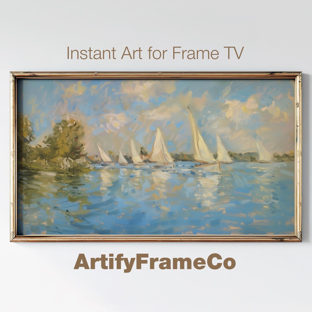 Seine Sailing Frame TV Art, Impressionist Sailboats Painting, Vintage ...