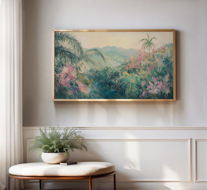 Tropical Garden Frame TV Art, Pastel Palm Mountain Landscape, Summer ...