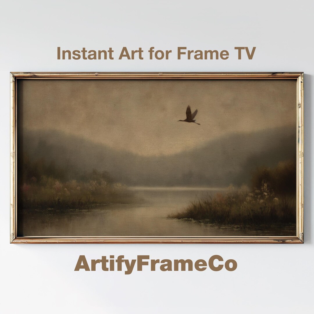 Flying Crane Frame TV Art, Vintage Bird Art for TV, Misty Wetland ...