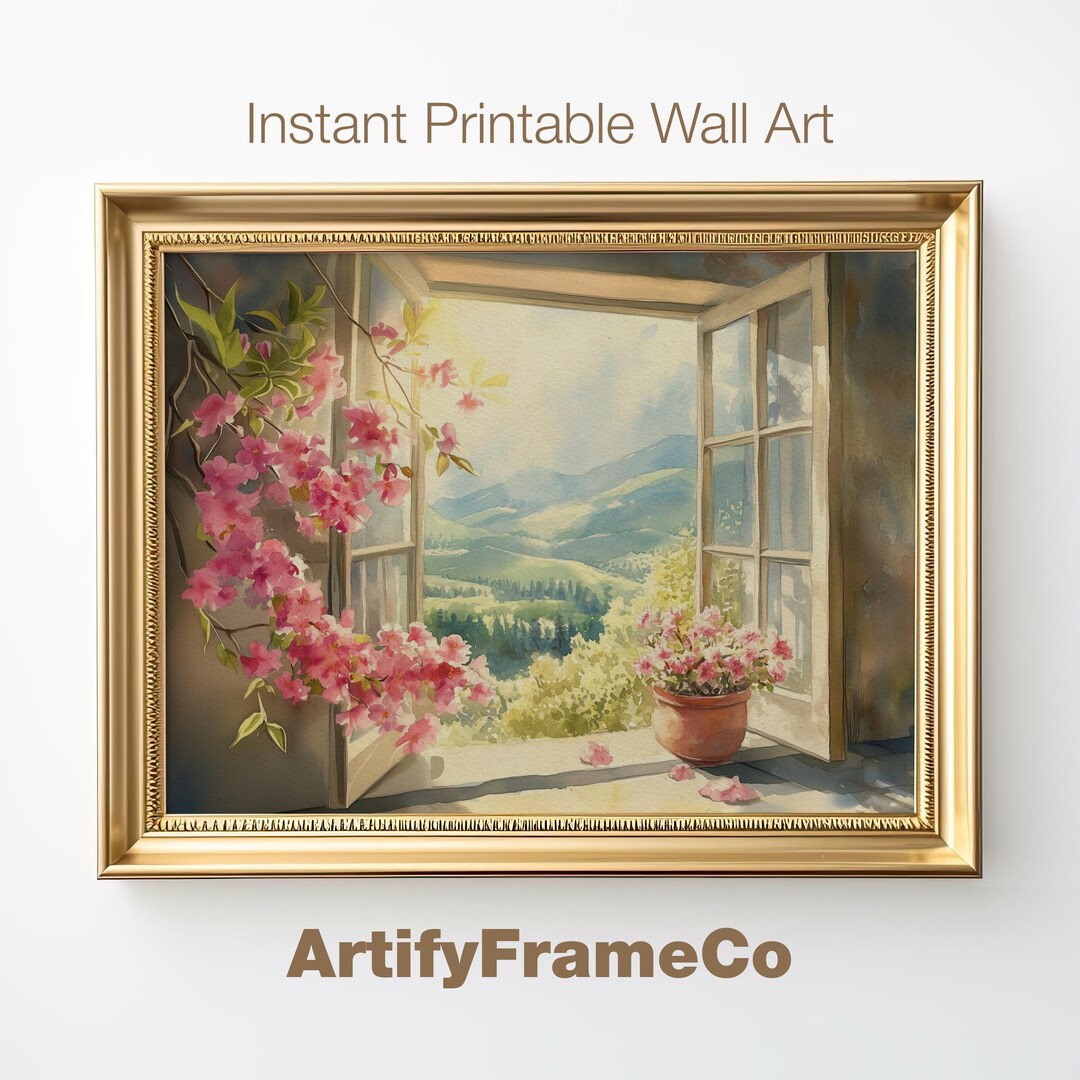 PRINTABLE Springtime Window View Watercolor Painting Wall Art, Bright ...